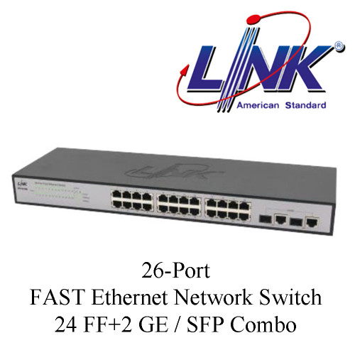 LINK 26-Port FAST Ethernet Network Switch, 24 FF+2 GE / SFP Combo Model. PF-0126